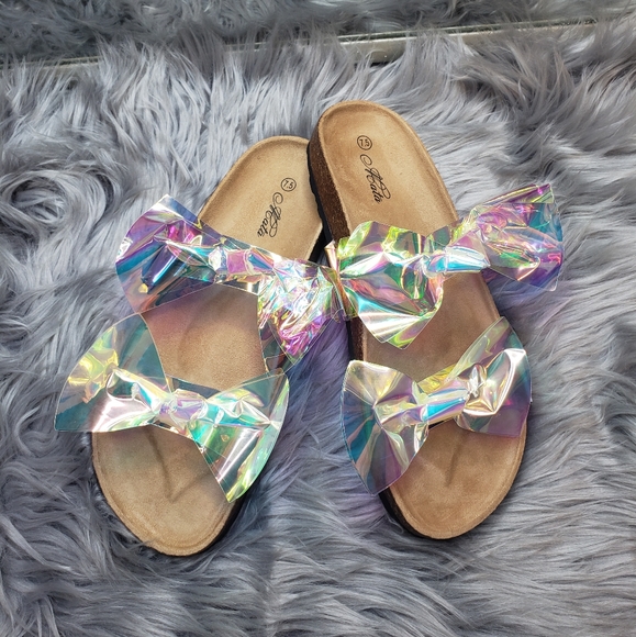 Unk | Shoes | 35 Double Bow Iridescent Slides | Poshmark